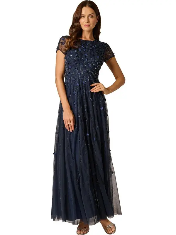 Adrianna Papell Short Sleeve Linear 3d Floral Beaded Gown - Navy