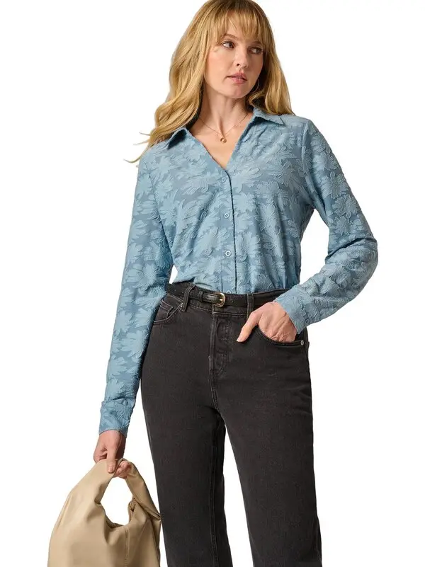 Adrianna Papell Long Sleeve Burnout Floral Blouse - Stone Blue