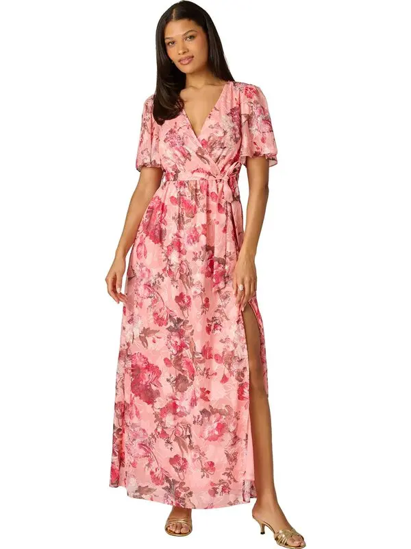 Adrianna Papell Flutter Sleeve Floral Print Embroidered Wrap Maxi Dress - Blush Multi
