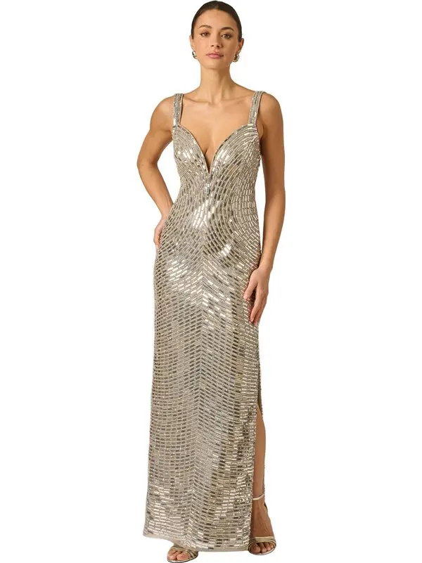 Adrianna Papell Plunge Neck Mirror Beaded Gown - Silver