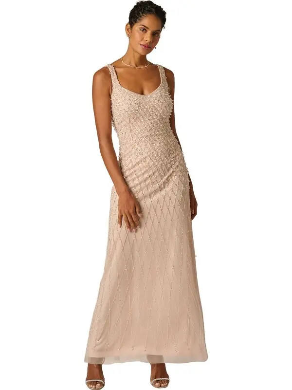 Adrianna Papell Diamond Beaded Mermaid Gown - Shell