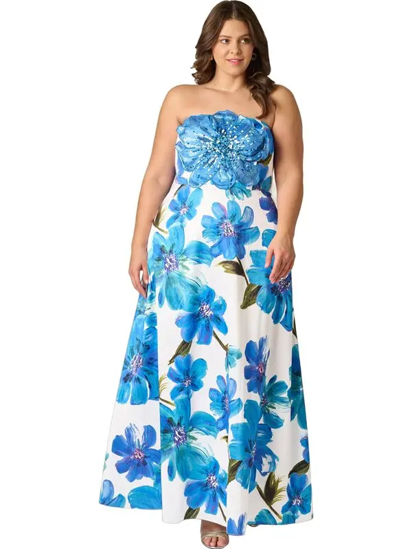 Adrianna Papell Strapless 3d Floral Beaded Dupioni Gown - Ivory/blue Multi