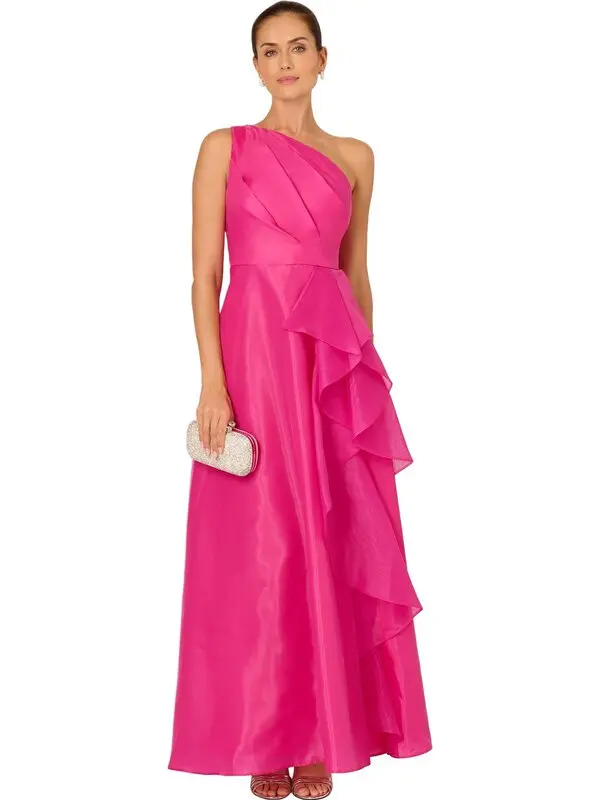 Adrianna Papell One Shoulder Tulle Cascade Gown - Lipstick