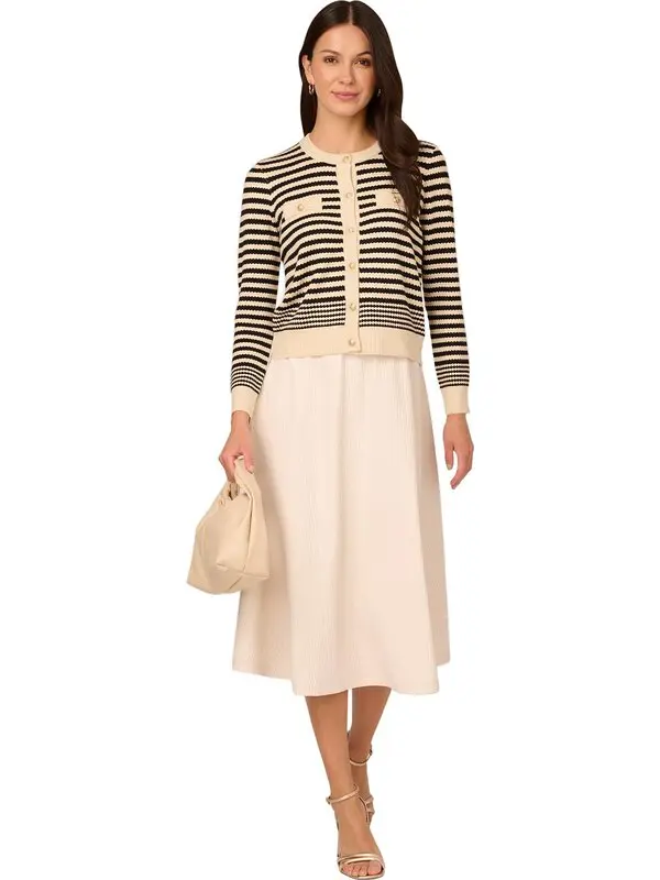 Adrianna Papell Crew Neck Striped Pointelle Cardigan - Cream/black