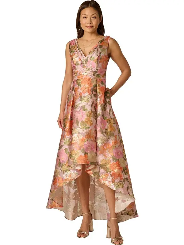 Adrianna Papell Floral Jacquard High-low Gown - Yellow/orange Multi