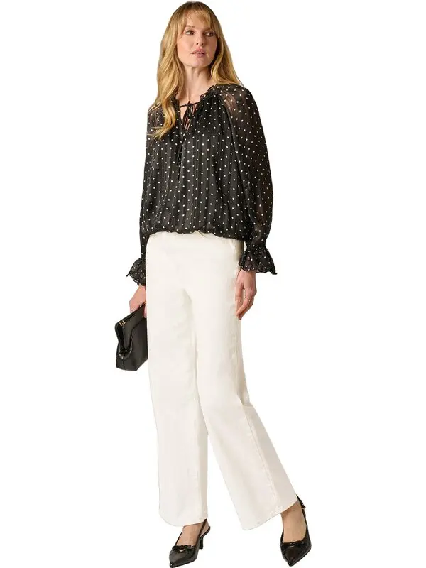 Adrianna Papell Long Sleeve Chiffon Ruffle Blouse - Black/cream Dot