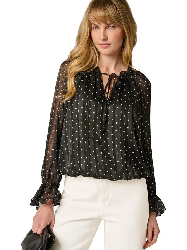 Adrianna Papell Long Sleeve Chiffon Ruffle Blouse - Black/cream Dot