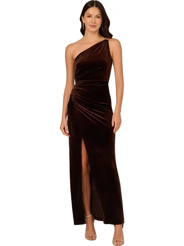 Adrianna Papell One-shoulder Draped Velvet Gown With Chain Accent - Dark Brown