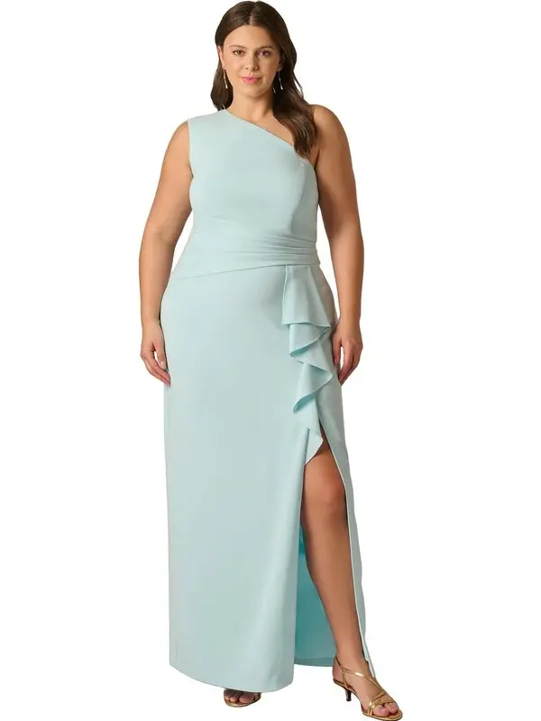Adrianna Papell One-shoulder Draped Ruffle Gown - Clear Sky