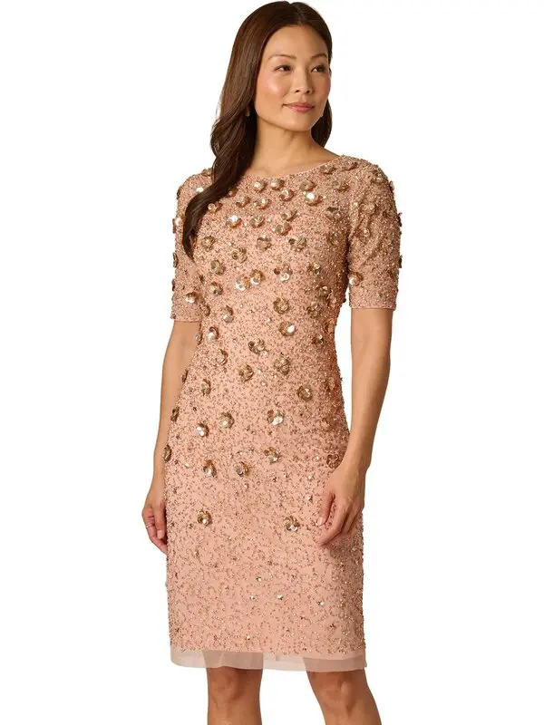Adrianna Papell Beaded Sheath Cocktail Dress - Apricot Ice