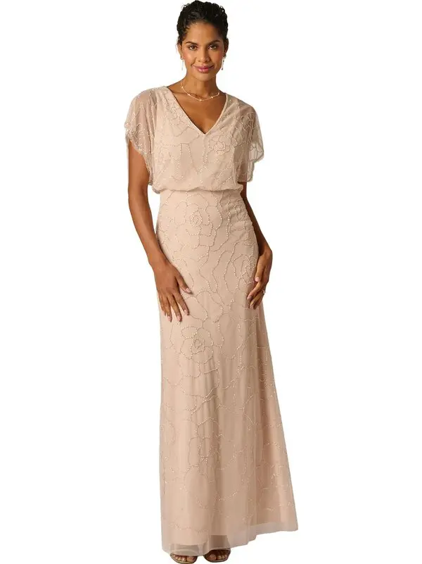 Adrianna Papell Short Sleeve Rose Floral Beaded Gown - Shell