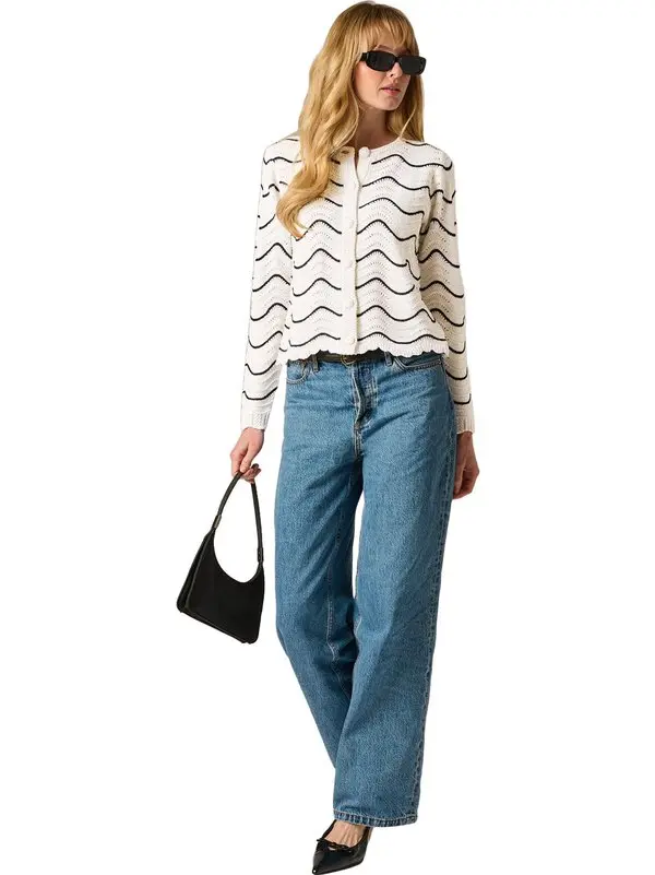Adrianna Papell Pointelle Scalloped Cardigan Sweater - Glacier/black