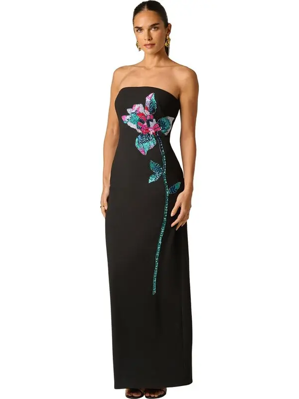 Adrianna Papell Strapless Beaded Floral Gown - Black Multi