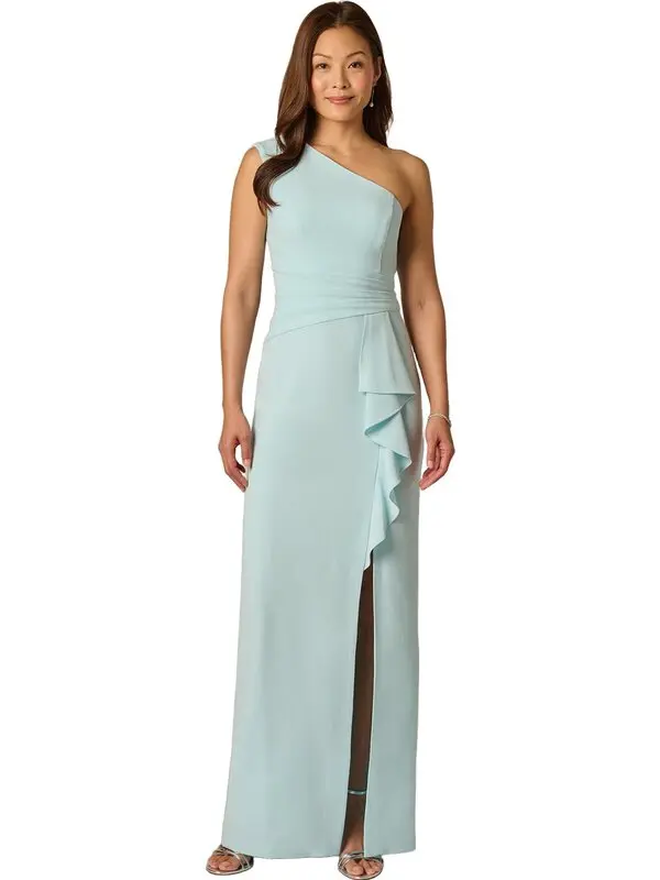 Adrianna Papell One-shoulder Draped Ruffle Stretch Gown - Clear Sky