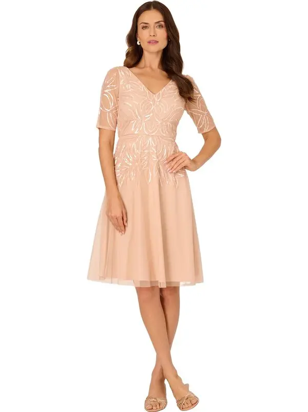Adrianna Papell Sequin Beaded Midi Dress - Blush