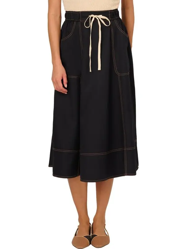 Adrianna Papell Contrast Stitching Drawstring Midi Skirt - Navy/khaki