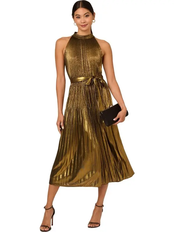 Adrianna Papell Halter Pleated Metallic Midi Dress - Gold