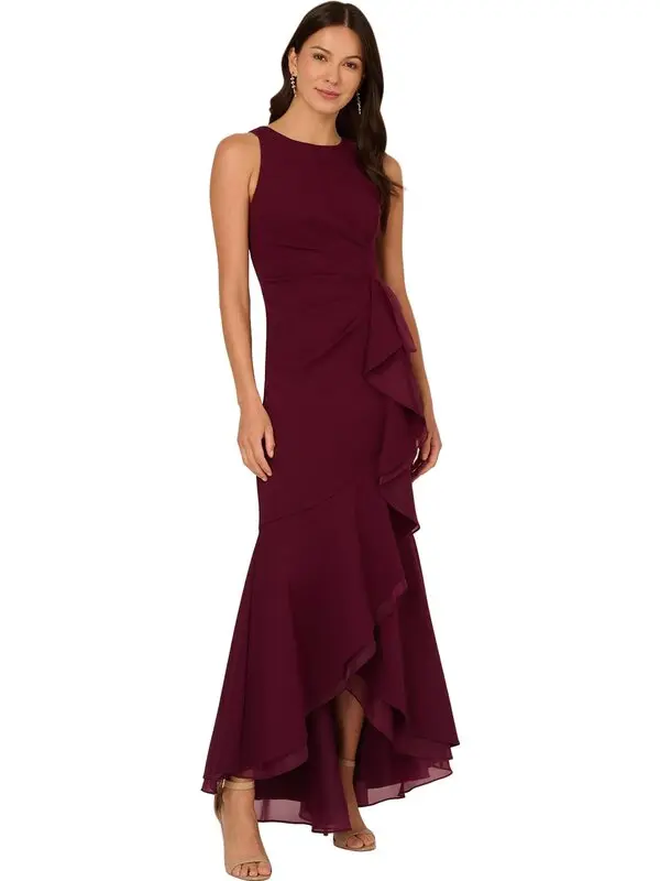 Adrianna Papell High-low Crepe Halter Gown With Organza Draping - Cabernet