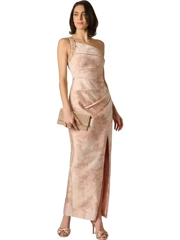 Aidan Mattox Beaded One-shoulder Floral Jacquard Draped Gown - Blush Multi