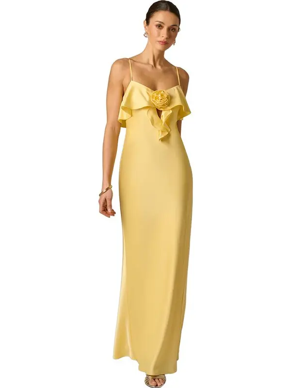 Adrianna Papell Stretch Satin Flounce Rosette Slip Gown - Butter Yellow