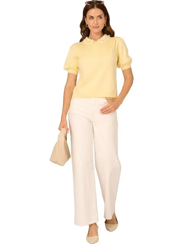 Adrianna Papell Puff Sleeve Embellished Peter Pan Collar Knit Top - Pastel Yellow