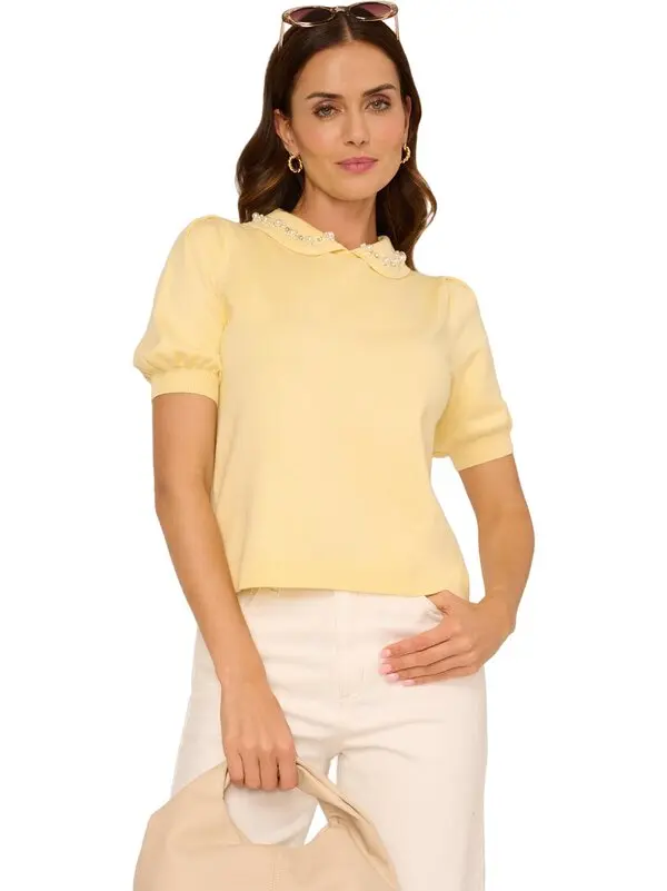 Adrianna Papell Puff Sleeve Embellished Peter Pan Collar Knit Top - Pastel Yellow