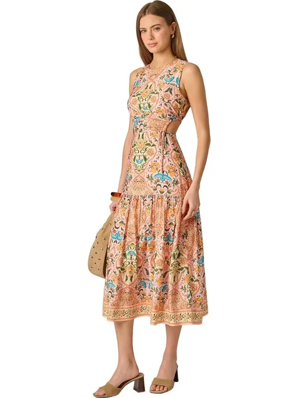 Adrianna Papell Floral Printed Cutout Drop Waist Midi Dress - Peach Multi