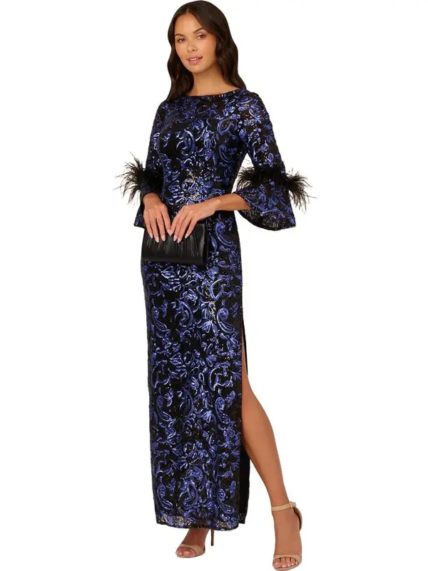 Adrianna Papell Sequin Embroidered Gown With Feathered Sleeves - Black/blue