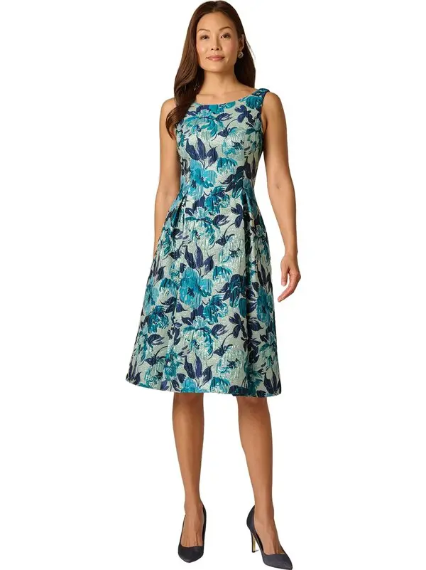 Adrianna Papell Metallic Floral Jacquard Fit And Flare Midi Dress - Blue Multi