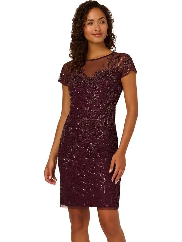 Adrianna Papell Beaded Short Sleeve Sheath Dress - Night Plum