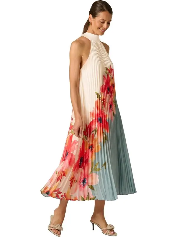 Adrianna Papell Pleated Chiffon Floral Midi Trapeze Dress - Blue Multi