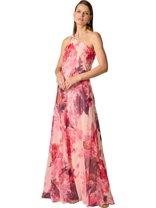 Aidan Mattox One Shoulder Peony Floral Chiffon Scarf Gown - Pink Multi