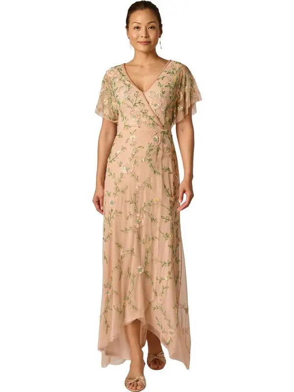 Adrianna Papell Flutter Sleeve Beaded Wrap Gown - Blush Multi