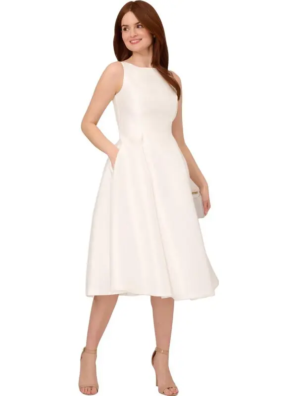 Adrianna Papell Sleeveless Mikado Fit And Flare Midi Dress With V-back - Ivory