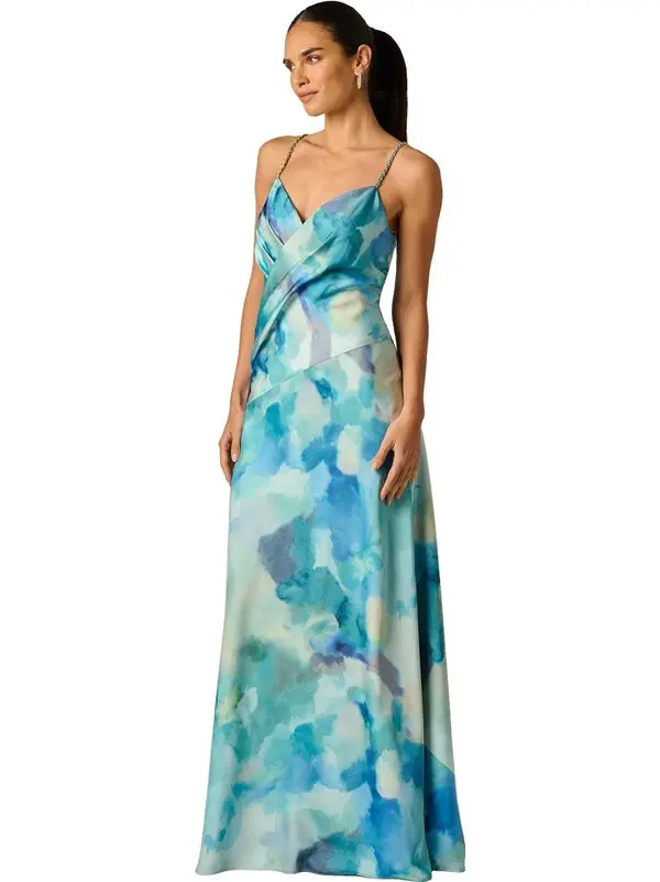 Adrianna Papell Draped Watercolor Gown - Blue Multi
