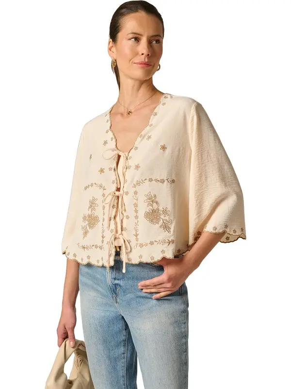 Adrianna Papell Bell Sleeve Embroidered Tie-front Top - Peach Vanilla/brown
