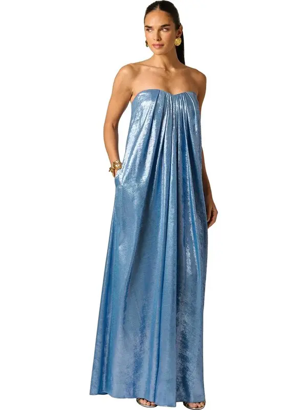 Adrianna Papell Strapless Foil Chiffon Trapeze Gown - Azure Blue