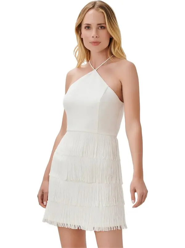 Adrianna Papell Fringe-trim Sheath Halter Dress - Ivory
