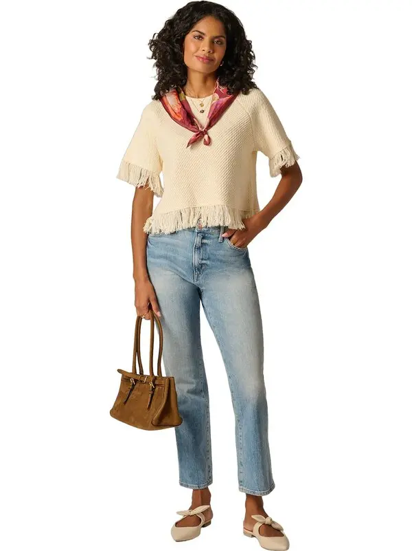 Adrianna Papell Textured Knit Fringe Sweater - Cream