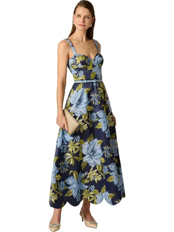 Aidan Mattox Floral Jacquard Sweetheart Ankle Dress With Scalloped Hem - Blue Multi