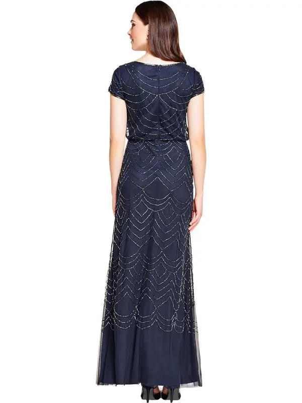 Adrianna Papell Short Sleeve Beaded Blouson Gown - Navy
