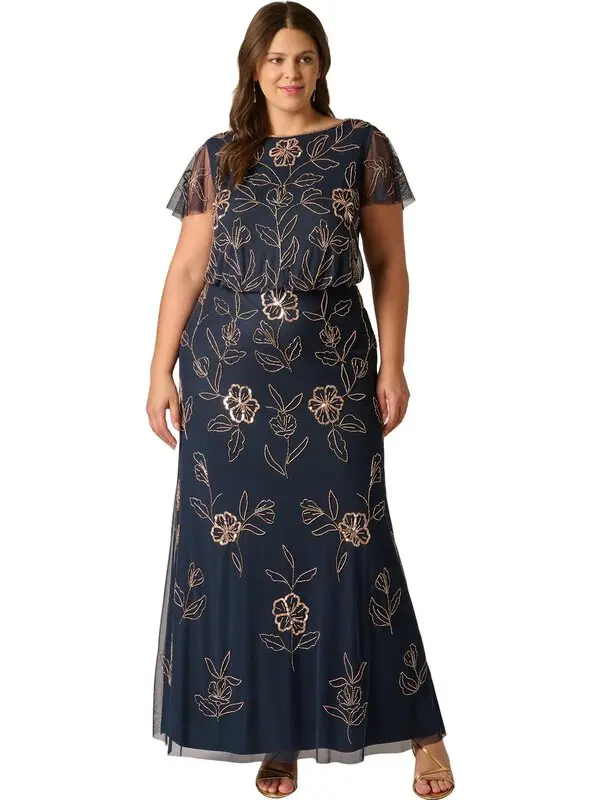 Adrianna Papell Flutter Sleeve Floral Beaded Blouson Gown - Navy/rosegold
