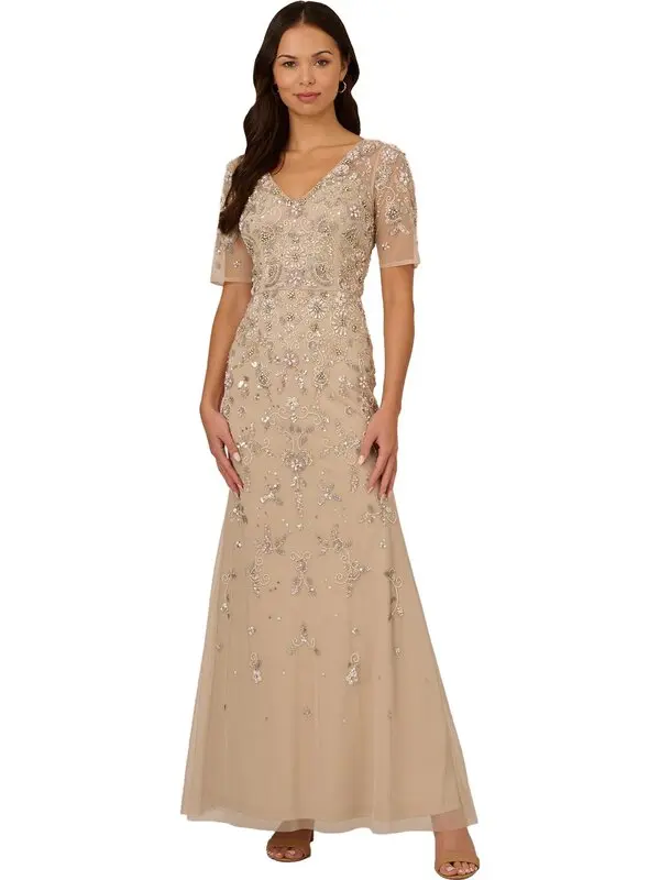 Adrianna Papell 3d Floral Beaded Mermaid Gown - Biscotti
