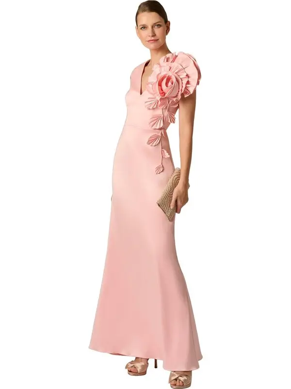 Aidan Mattox Stretch Mikado Rosette Shoulder Gown - Pink Cloud