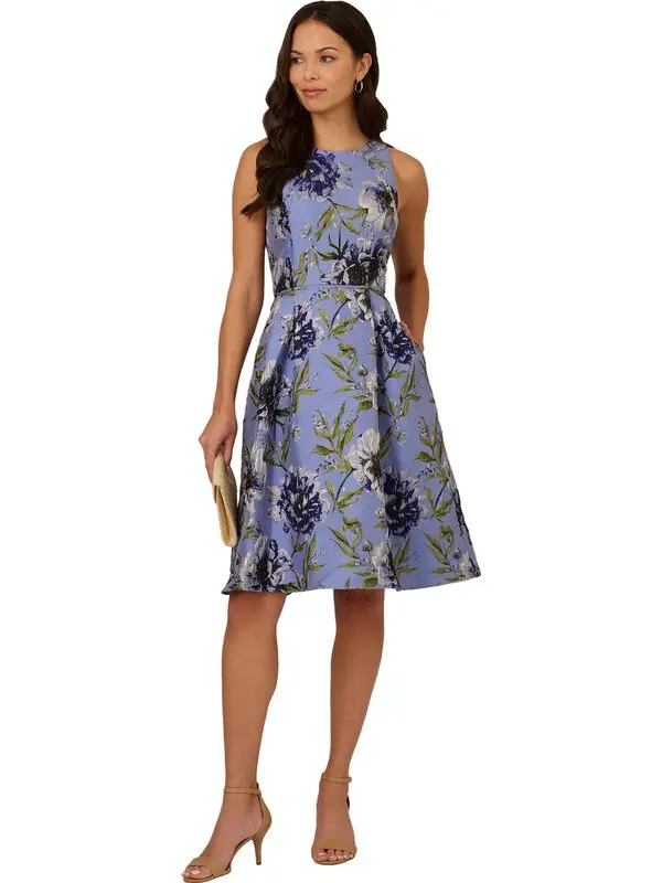 Adrianna Papell Sleeveless Floral Jacquard Fit-and-flare Midi Dress - Blue Multi