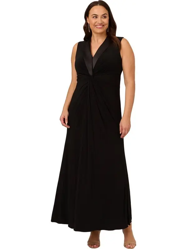 Adrianna Papell Matte Jersey Twist-front Tuxedo Gown - Black