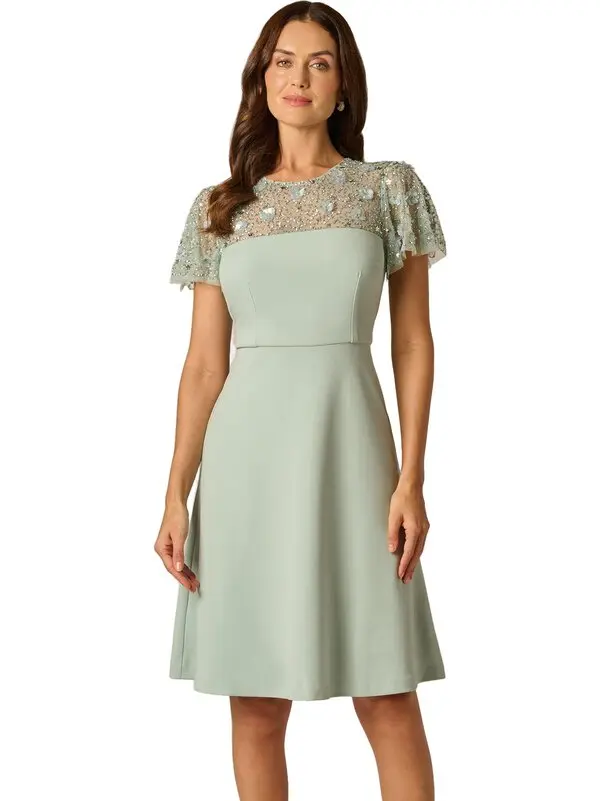 Adrianna Papell Flutter Sleeve Beaded Illusion Dress - Icy Sage