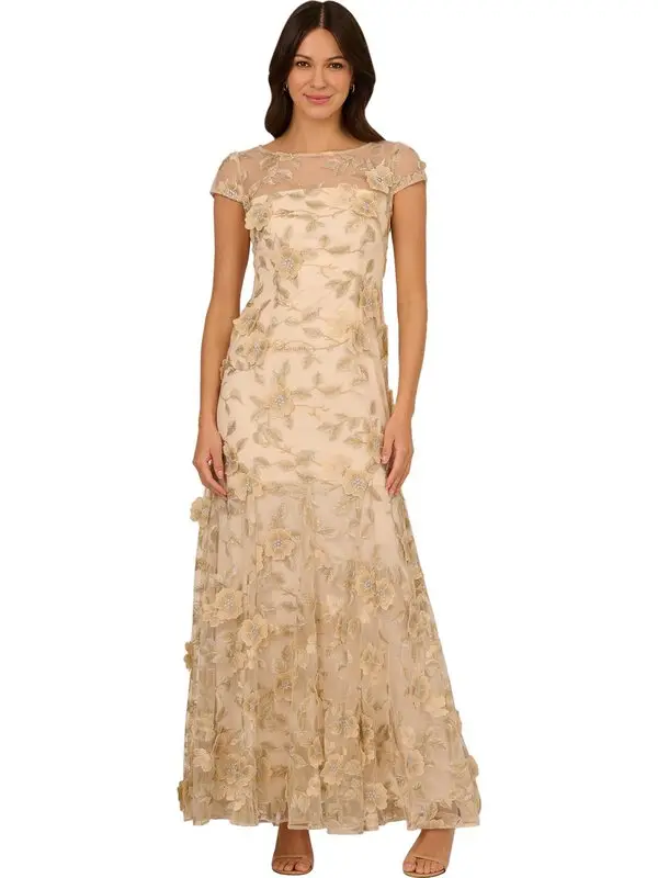 Adrianna Papell Cap Sleeve Floral Embroidered Illusion Godet Gown - Champagne