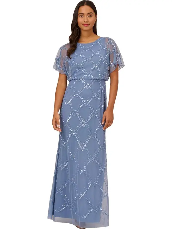 Adrianna Papell Hand-beaded Blouson Gown With Flutter Sleeves - French Blue