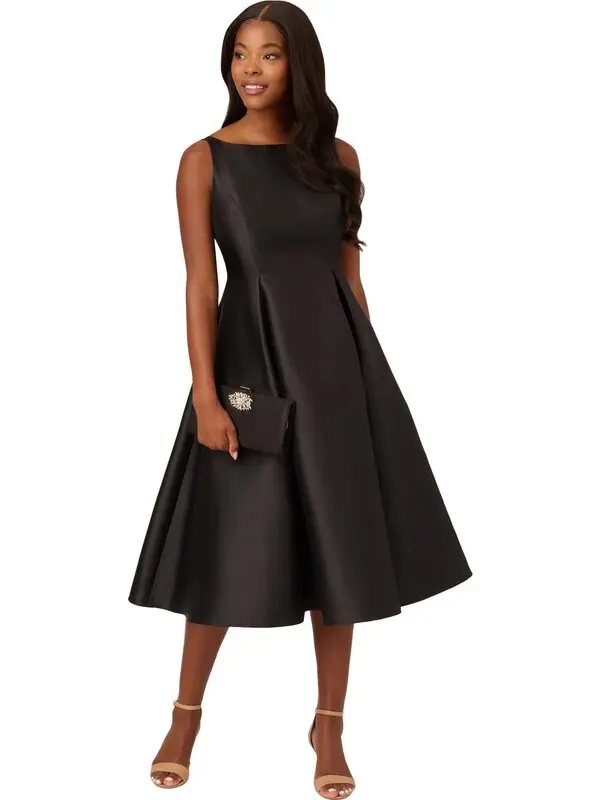Adrianna Papell Sleeveless Mikado Fit And Flare Midi Dress With V-back - Black